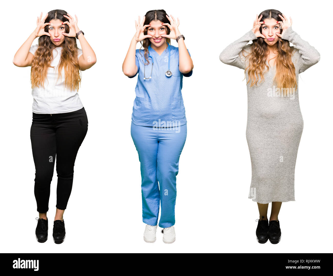 Collage of beautiful young woman over white isolated background Trying ...