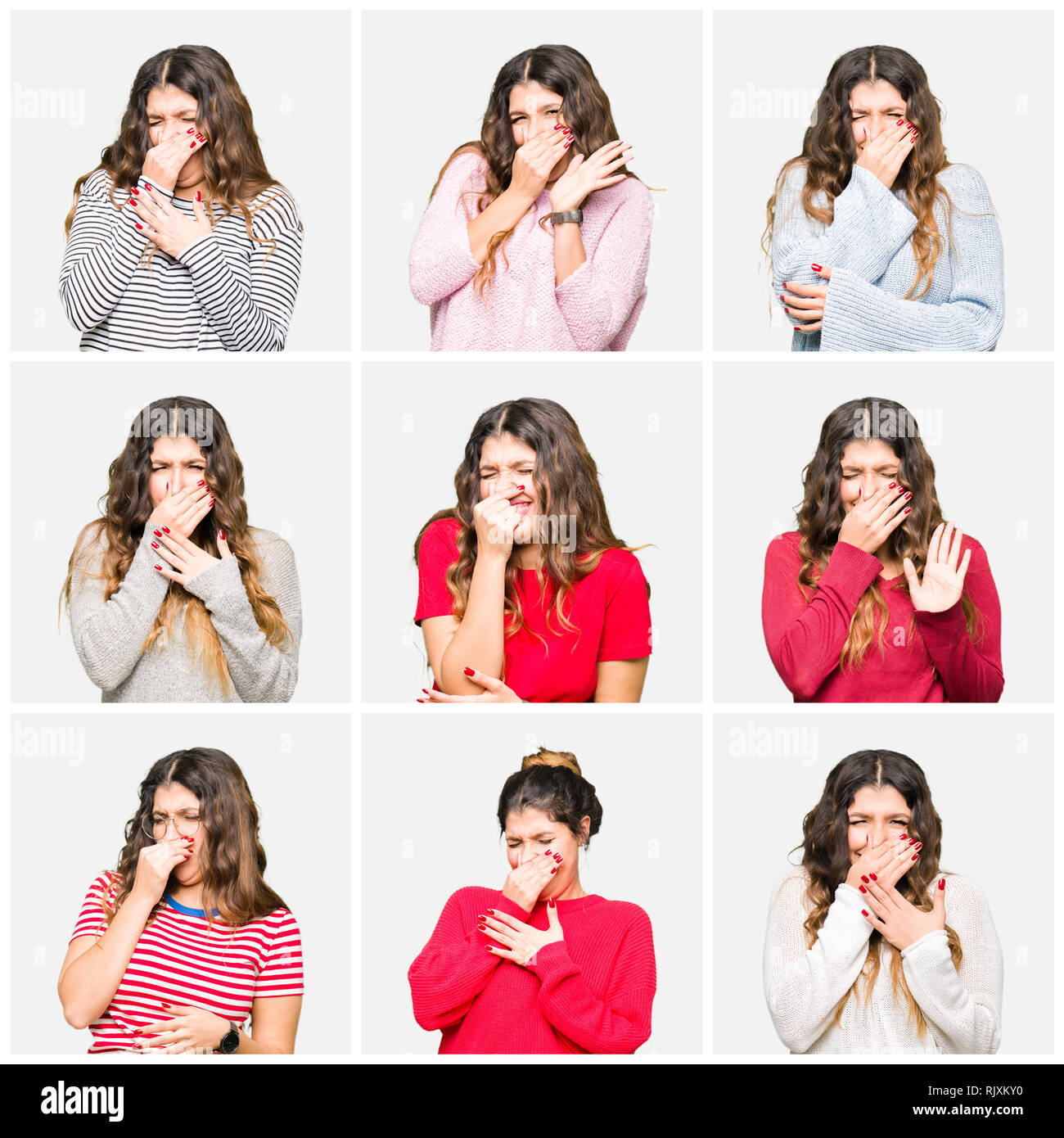 Collage of beautiful young woman wearing different looks over white ...