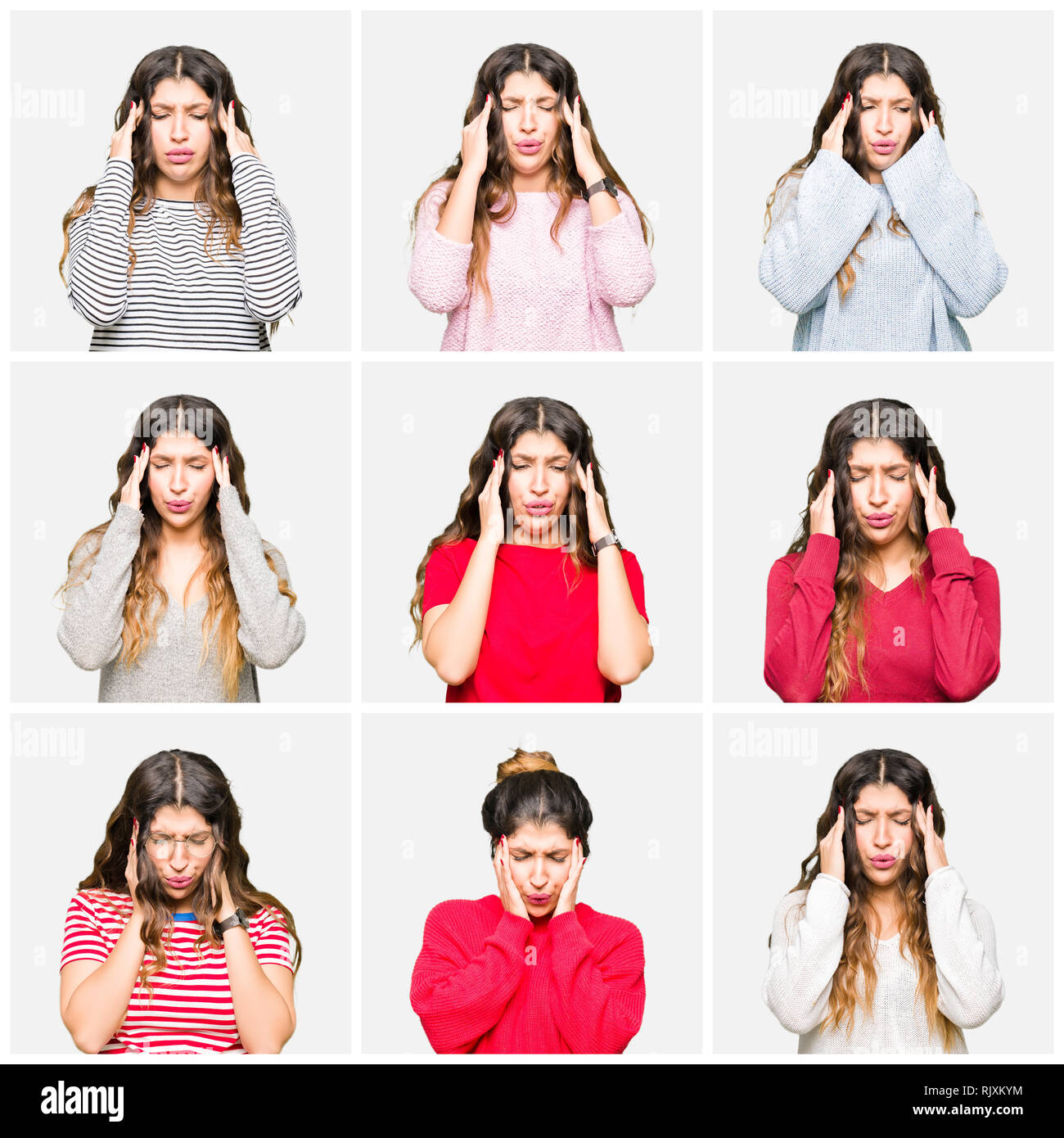 Collage of beautiful young woman wearing different looks over white ...