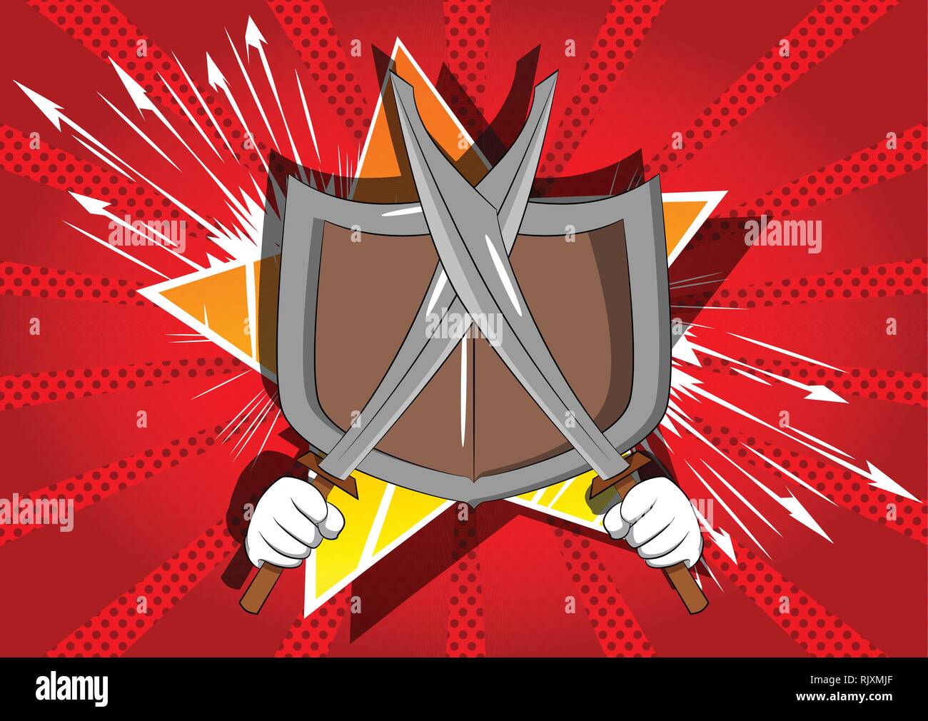 Vector cartoon hands holding two swords with shield. Illustrated sign ...