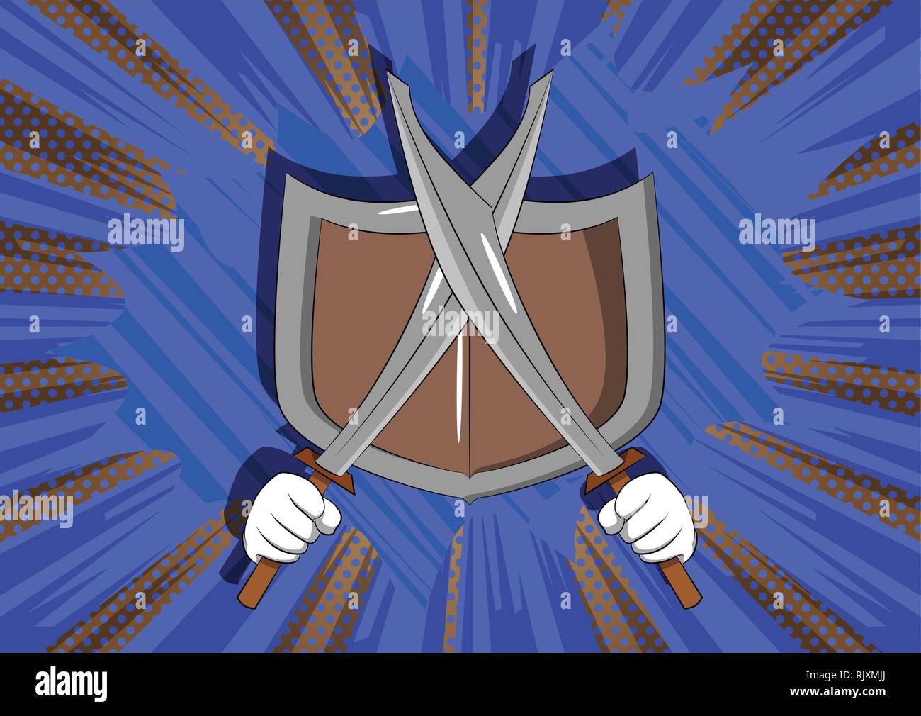 Vector cartoon hands holding two swords with shield. Illustrated sign ...