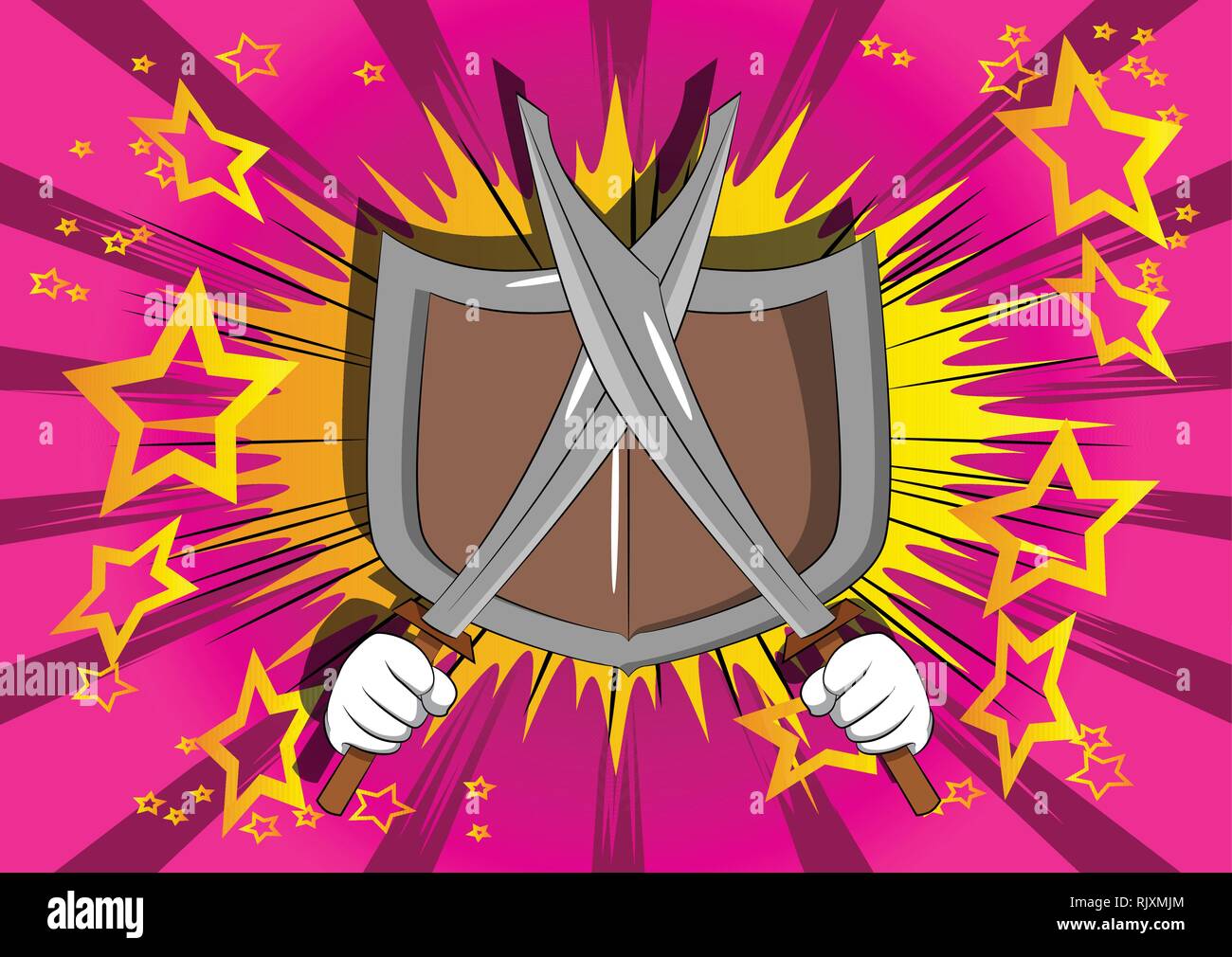 Vector cartoon hands holding two swords with shield. Illustrated sign ...