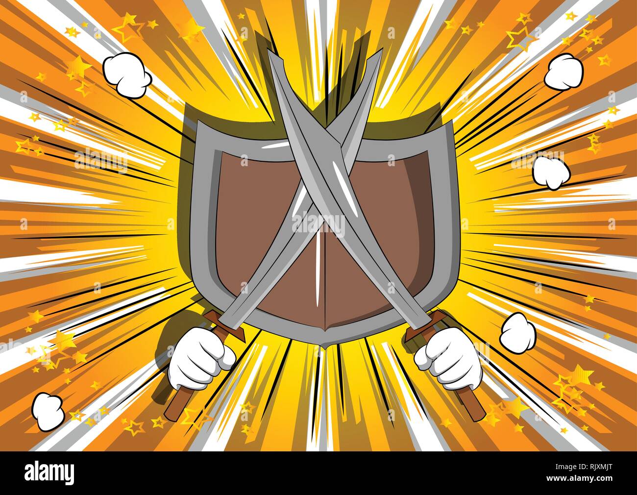 Vector cartoon hands holding two swords with shield. Illustrated sign ...