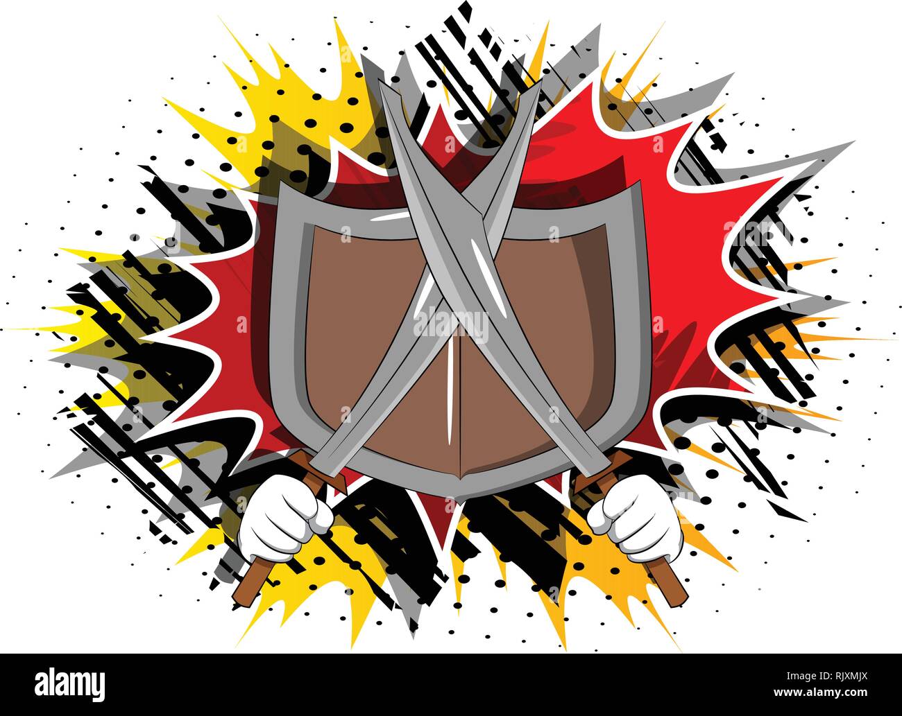 Vector cartoon hands holding two swords with shield. Illustrated sign ...