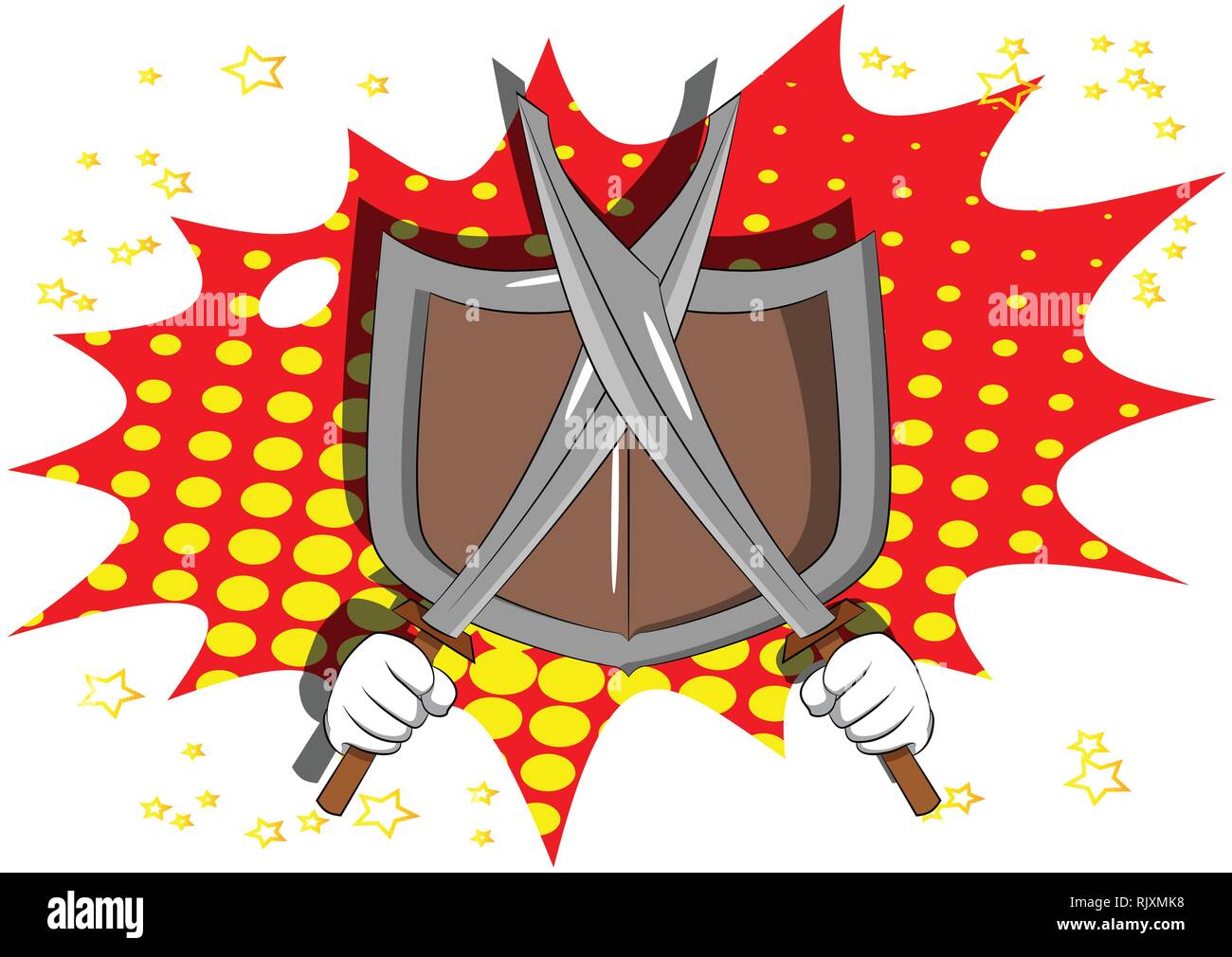 Vector cartoon hands holding two swords with shield. Illustrated sign ...