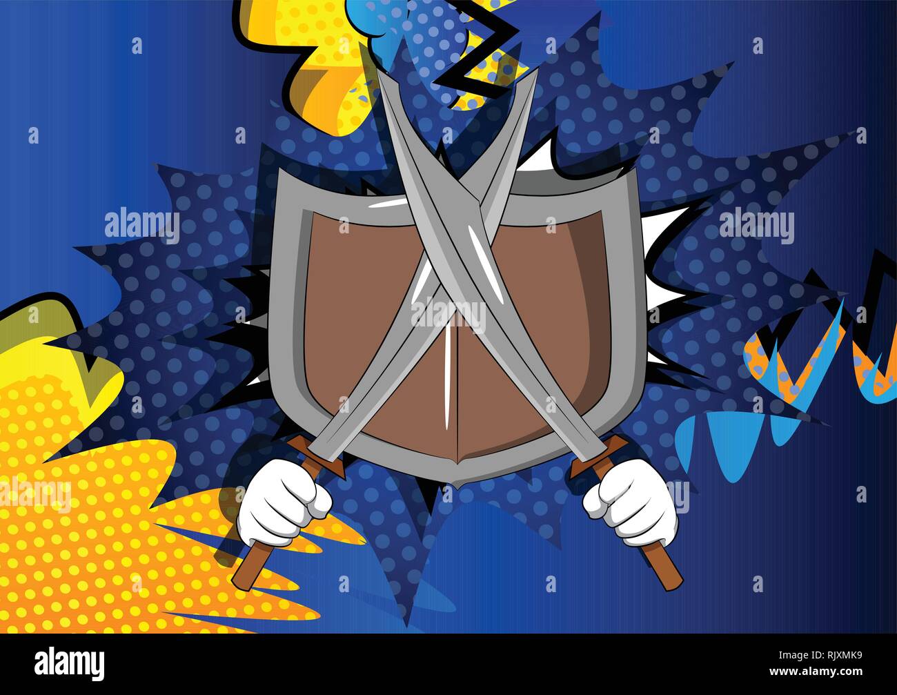 Vector cartoon hands holding two swords with shield. Illustrated sign ...