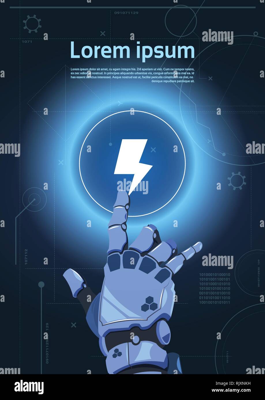 Robot Hand Touch Digital Monitor With Lightning Web Button Abstract ...