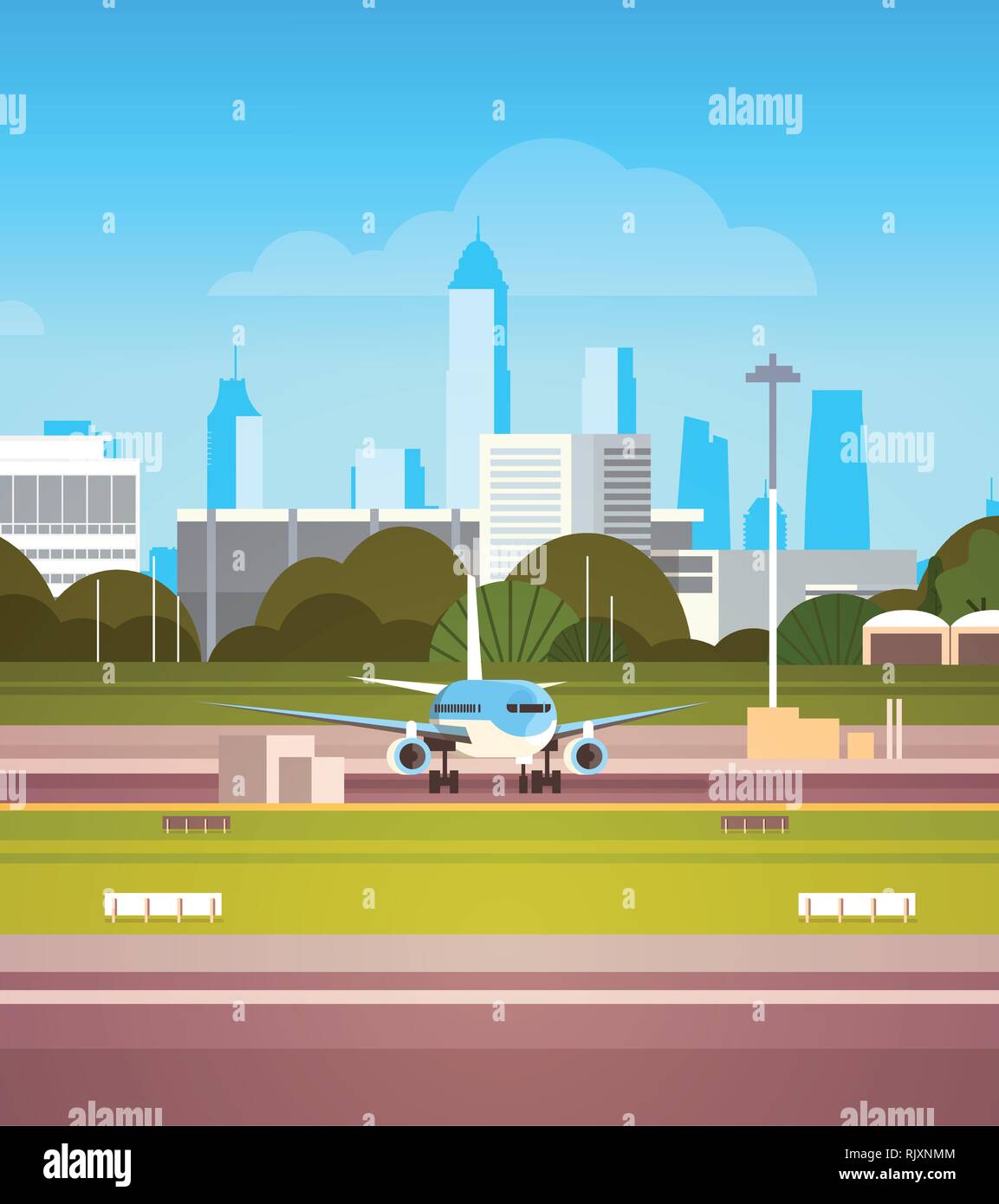 Airport Terminal With Plane On Runway Before Takeoff Over Modern City ...