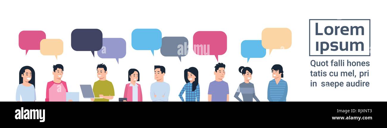 Young Asian Men And Women Group With Chat Bubbles Chinese Or Japanese ...