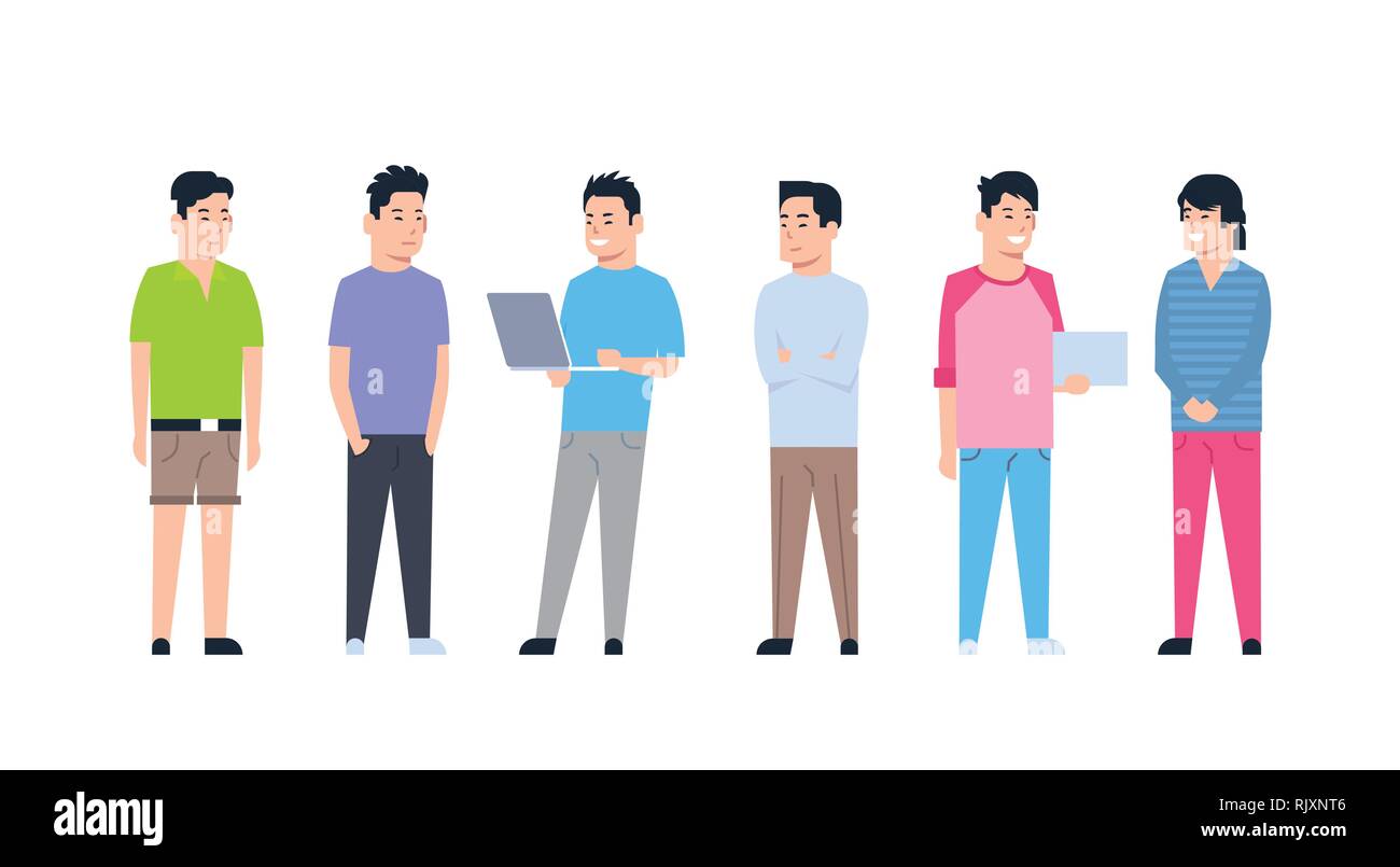 Young Asian Men Icons Set Chinese Or Japanese Male Wearing Casual ...