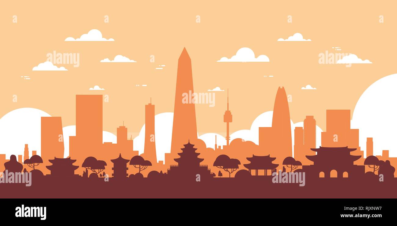 Seoul Silhouette Skyline South Korea City View With Skyscrapers And ...