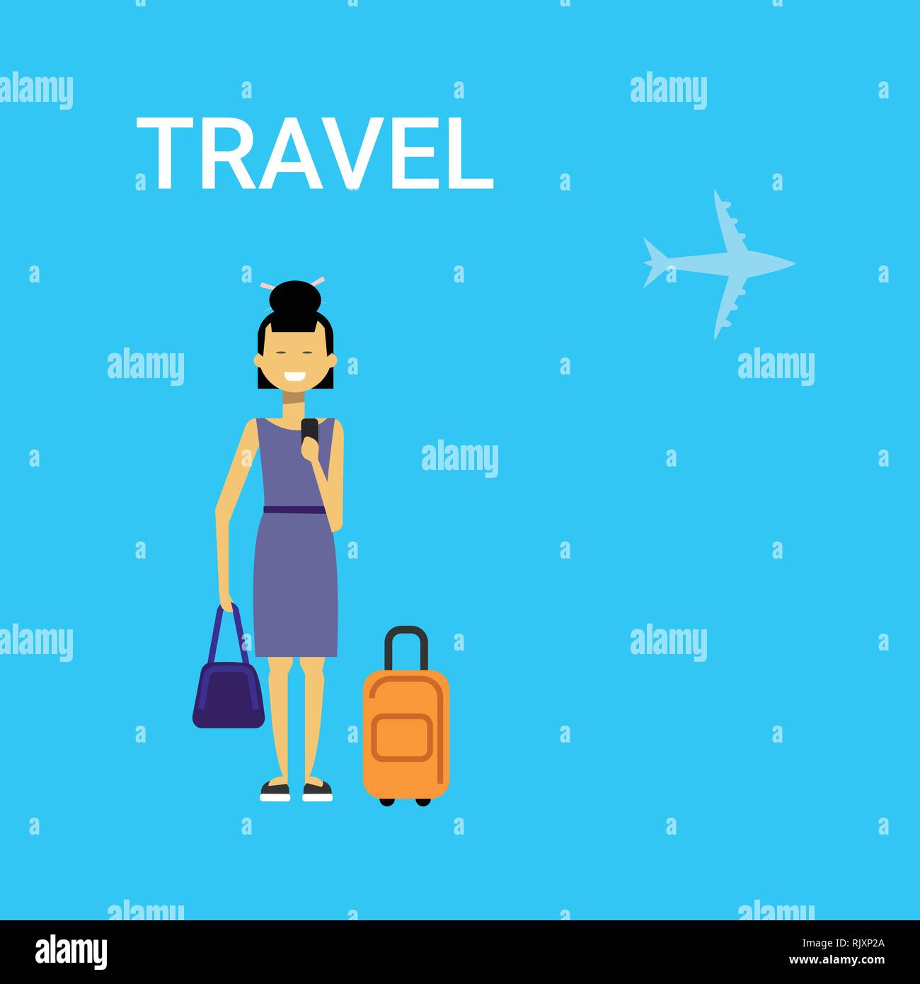 Woman Traveller With Bag Young Asian Female Travel On Air Blue ...