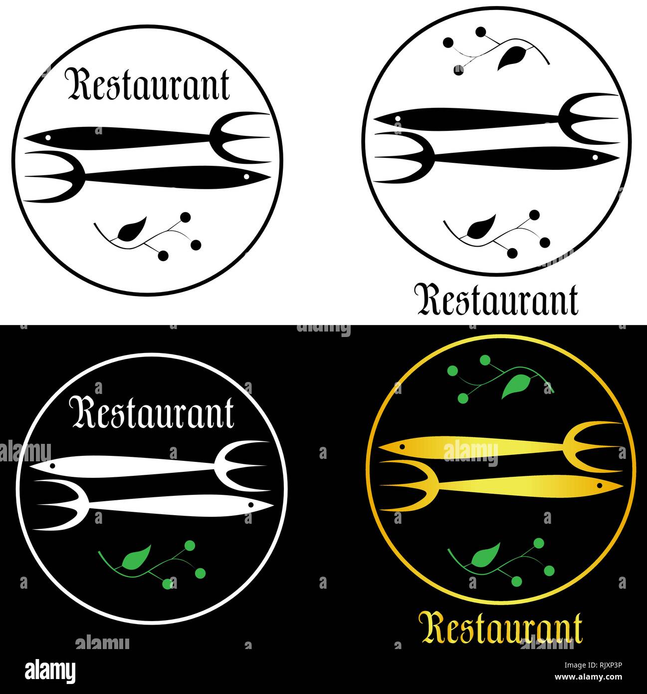 two stylized forks in the shape of a fish with a sprig of greenery ...