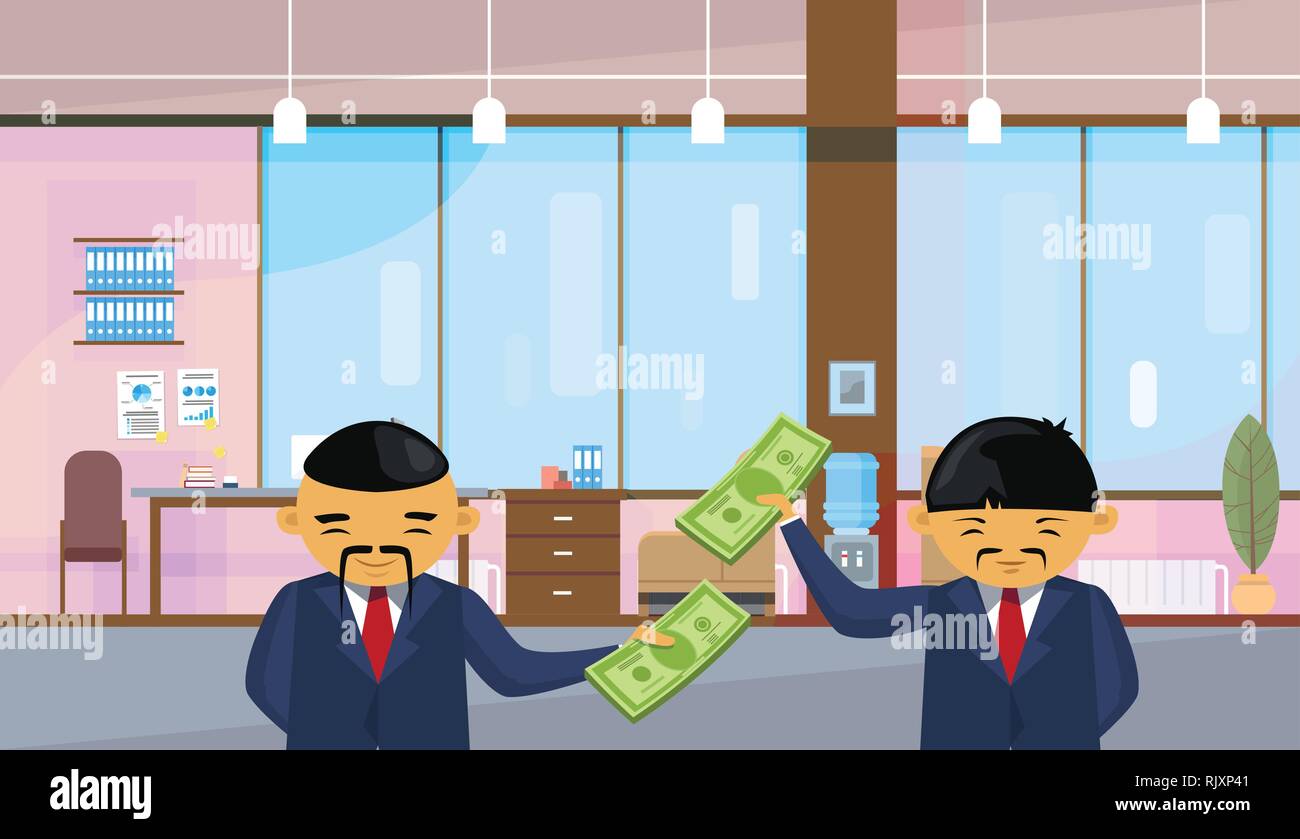 Two Asian Business Men Holding Dollar Banknotes Standing Over Office ...