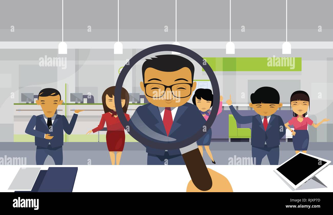 Recruitment Hand Hold Magnifying Glass Choosing Businessman From Asian