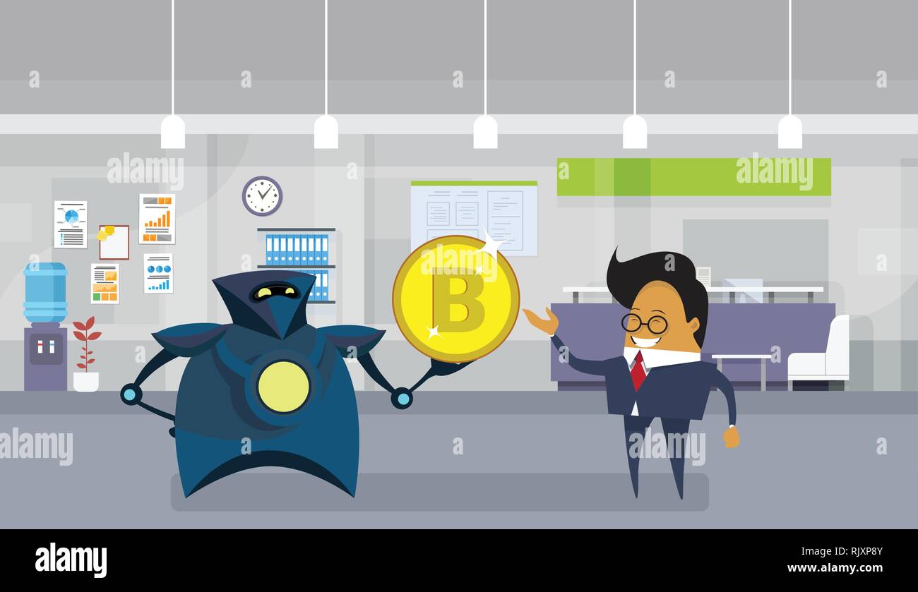 Robot Giving Asian Business Man Bitcoin Office Interior Background ...