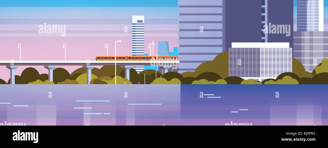 Modern City Panorama With Urban Skyscrapers And Subway Cityscape ...