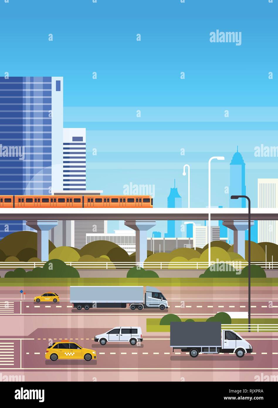 Urban Background Modern Cityscape With Highway Road And Subway Over ...