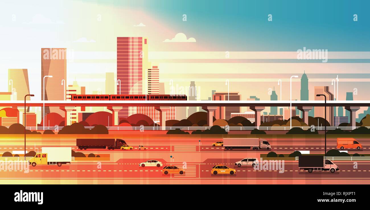 Modern City Over Sunset Background Cityscape With Highway Road And ...