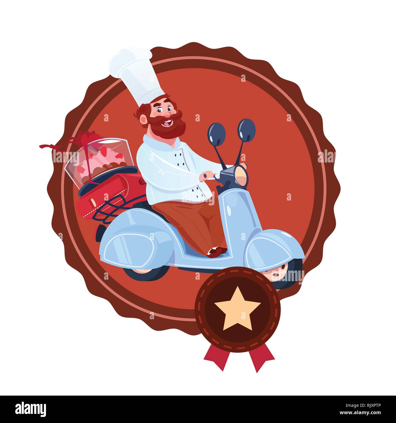 Restaurant Delivery Service Icon Cook Man Deliver Cake Riding Retro ...