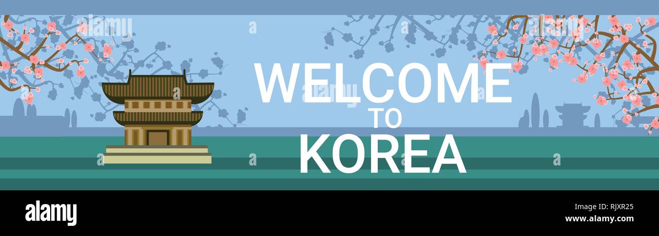Welcome To Korea Poster With Traditional Temple Or Palace Over Blooming ...