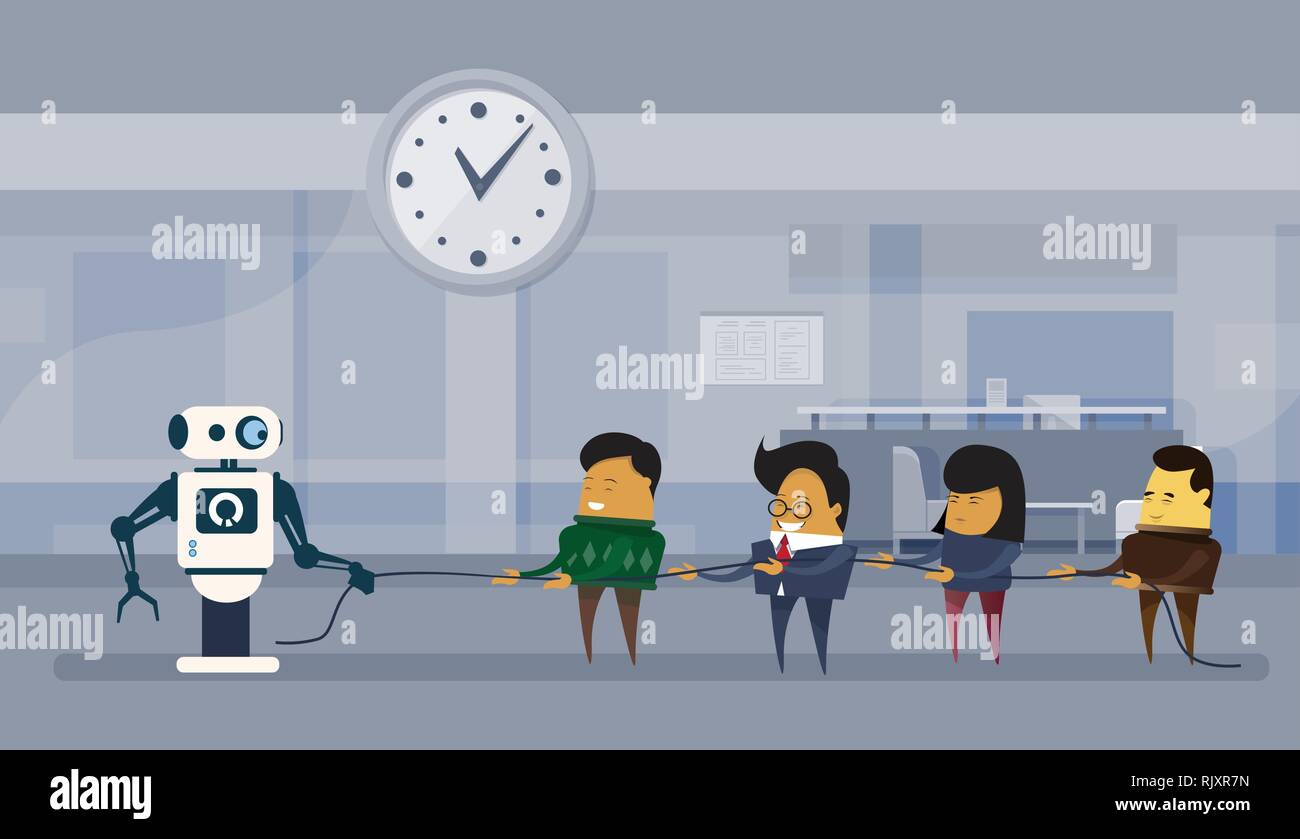 Human Vs Robots Modern Robotic And Business People Group Pulling Rope ...