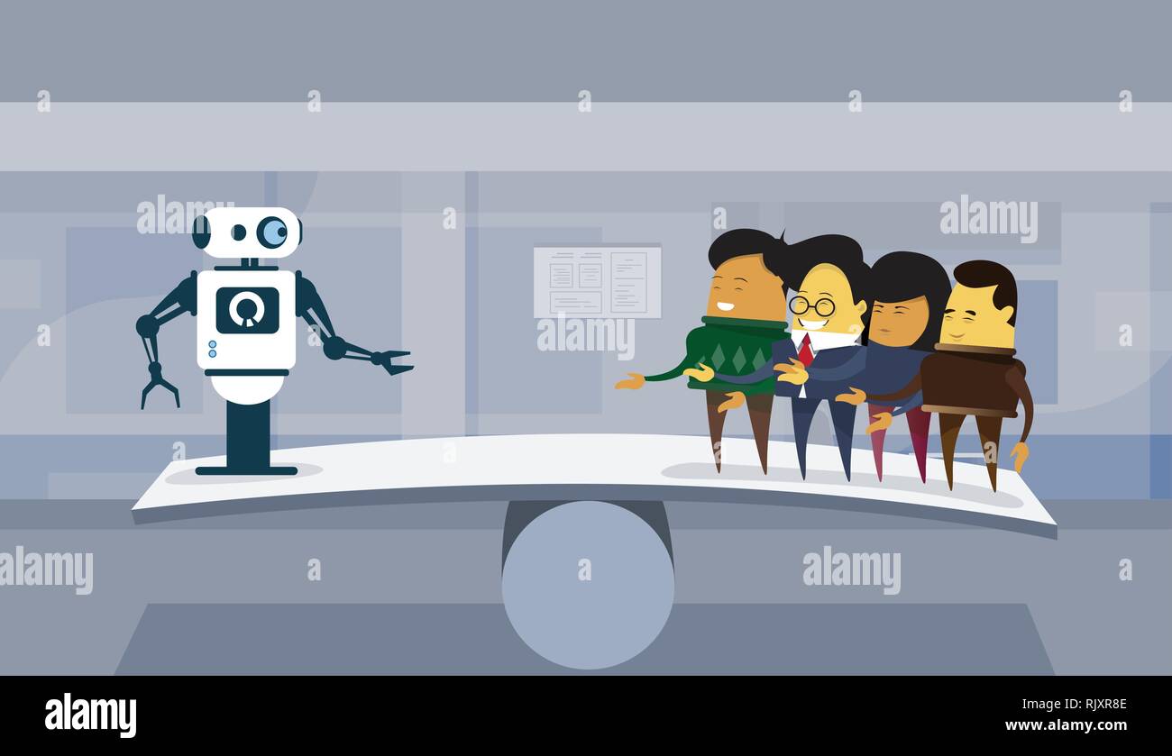 Human Vs Robots Modern Robotic And Business People Group Over Office ...