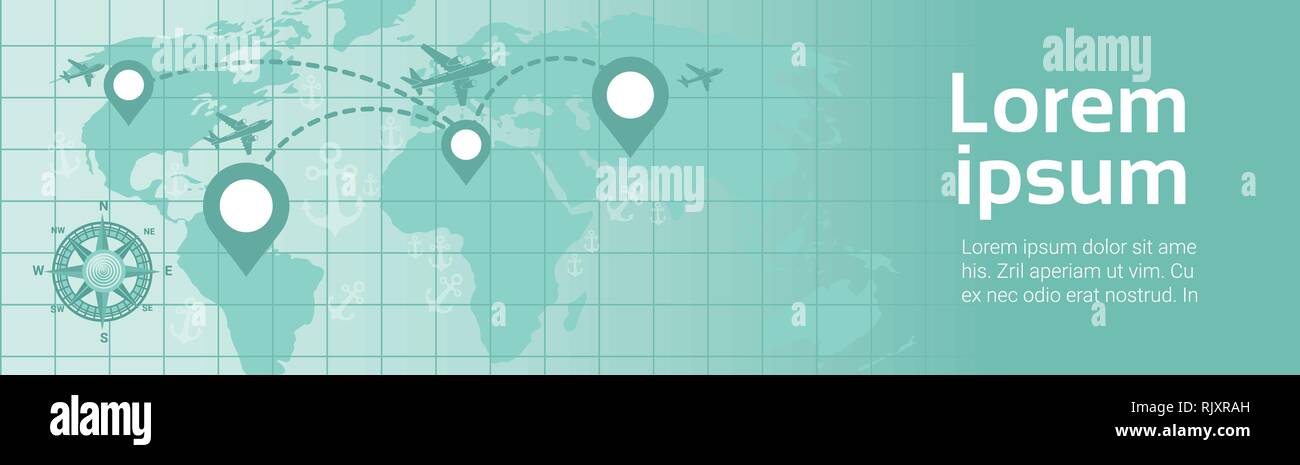 World Travel By Plane Template Banner Airplane Fly Over Earth Map With ...