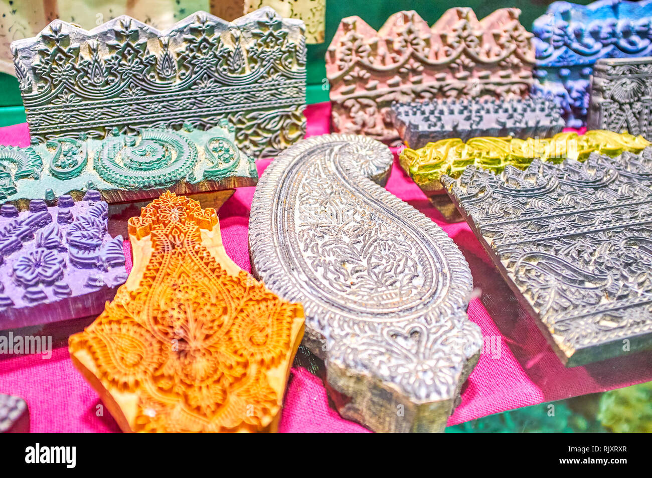 The carved stamps for producing ghalamkar - traditional textile with ...