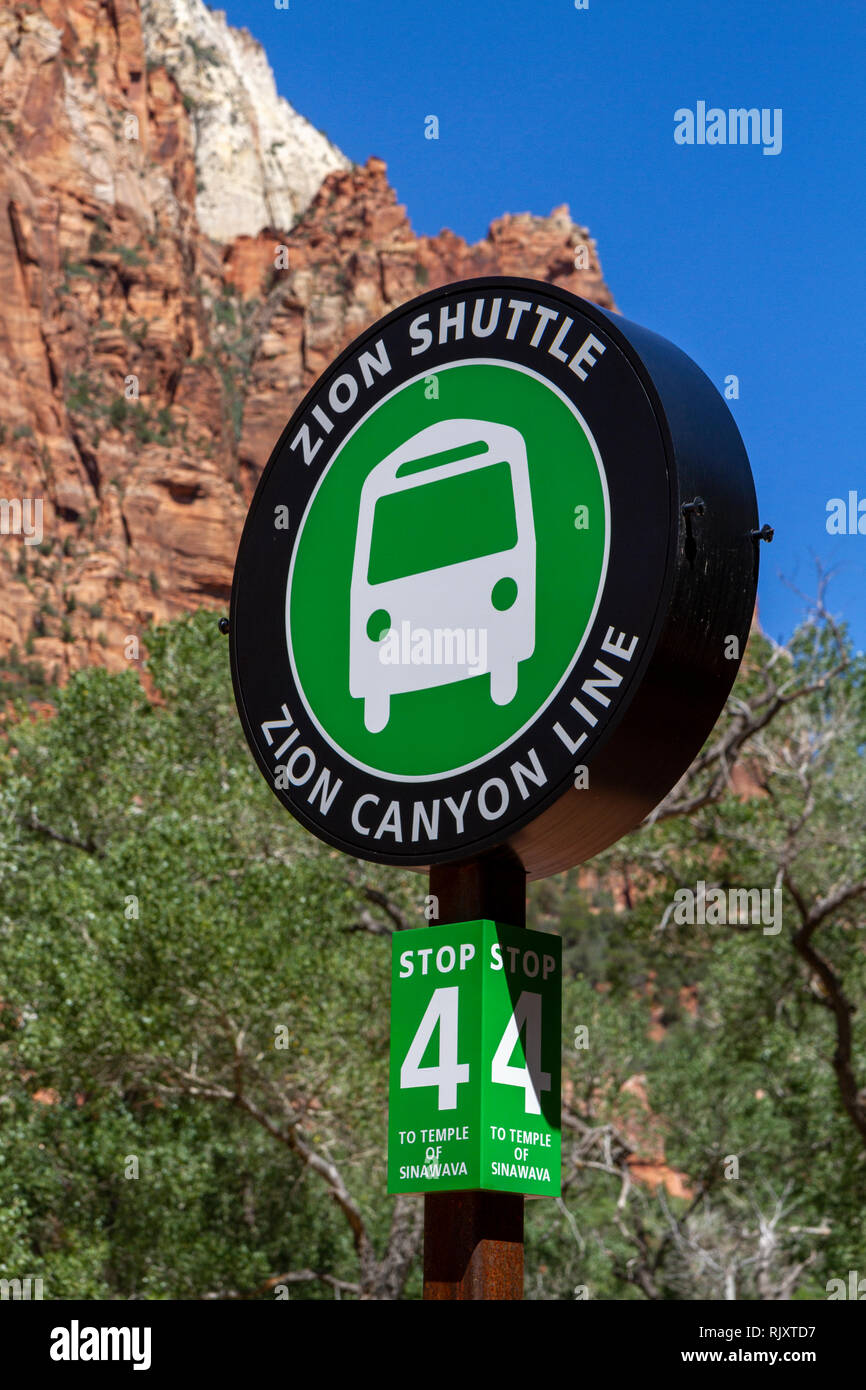 Jacob Peak, part of the Court of the Patriarchs behind a shuttle bus ...