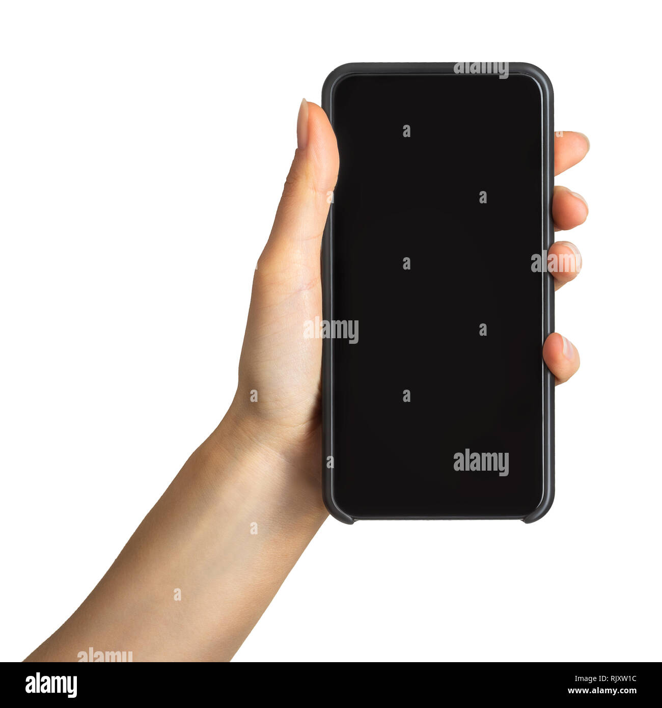 Women's hand showing black smartphone, concept of taking photo Stock ...