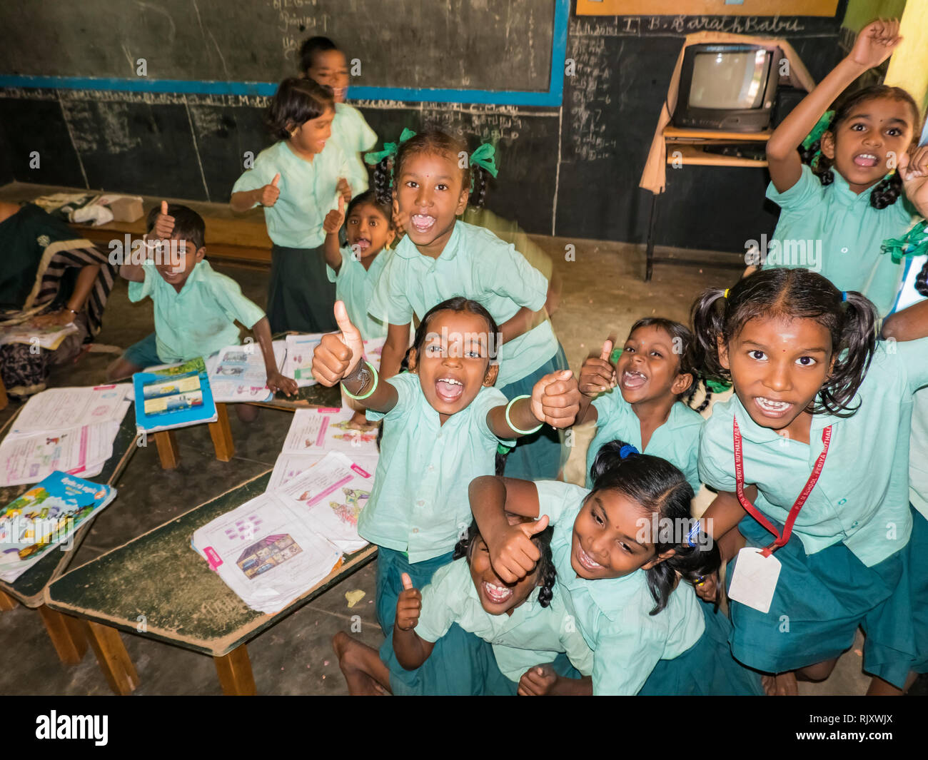 PUDUCHERRY, INDIA - DECEMBER Circa, 2018. Unidentified happy classmates ...