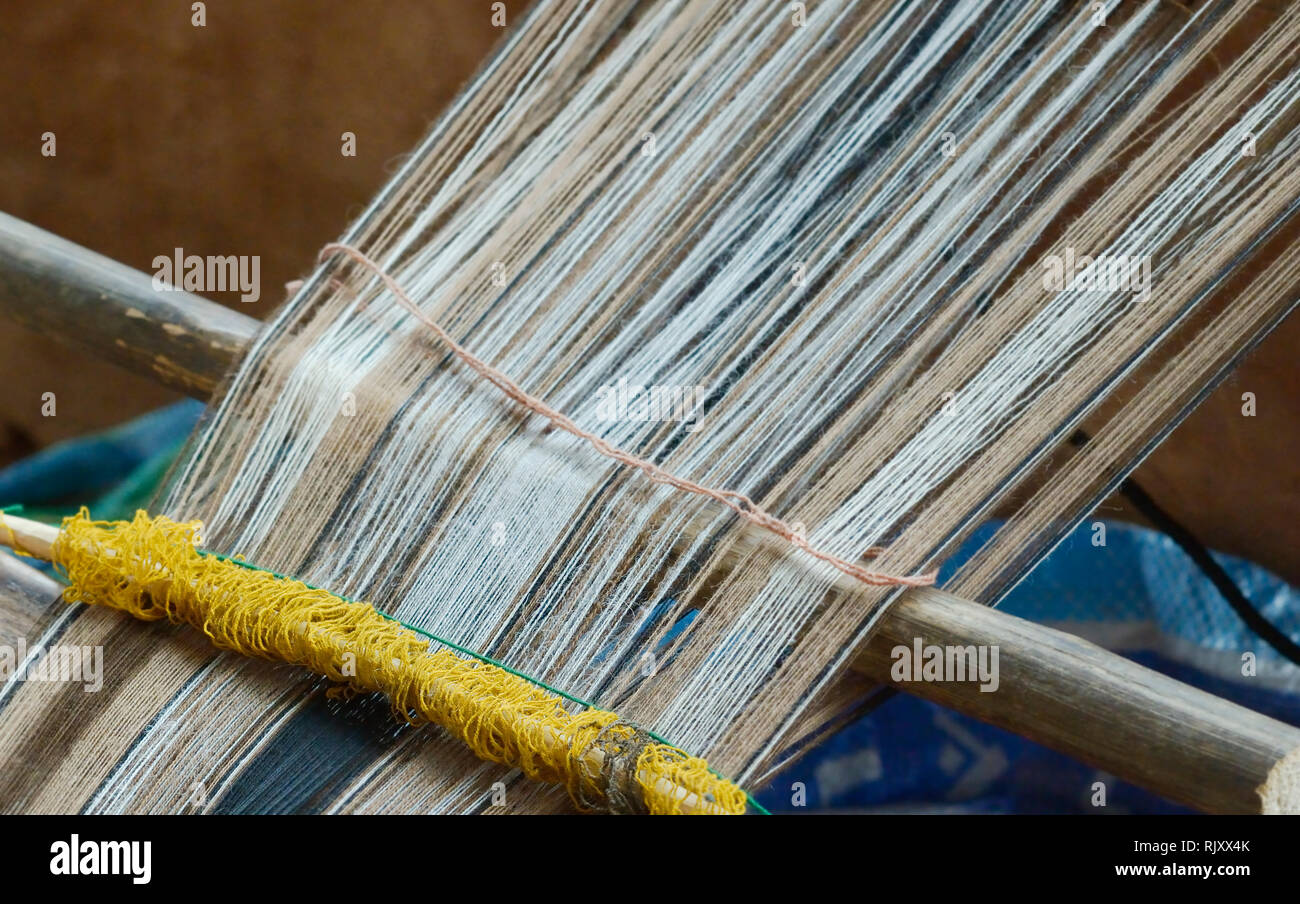 Vintage Manual Weaving Loom With Unfinished Textile Work Stock Photo ...