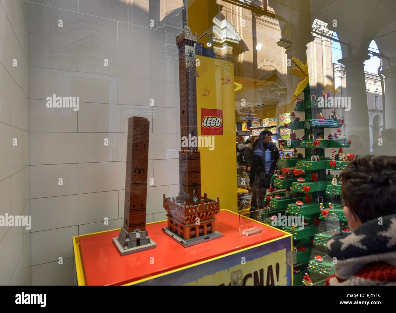 Bologna, Italy, December 2018. The Lego store in the historic center ...