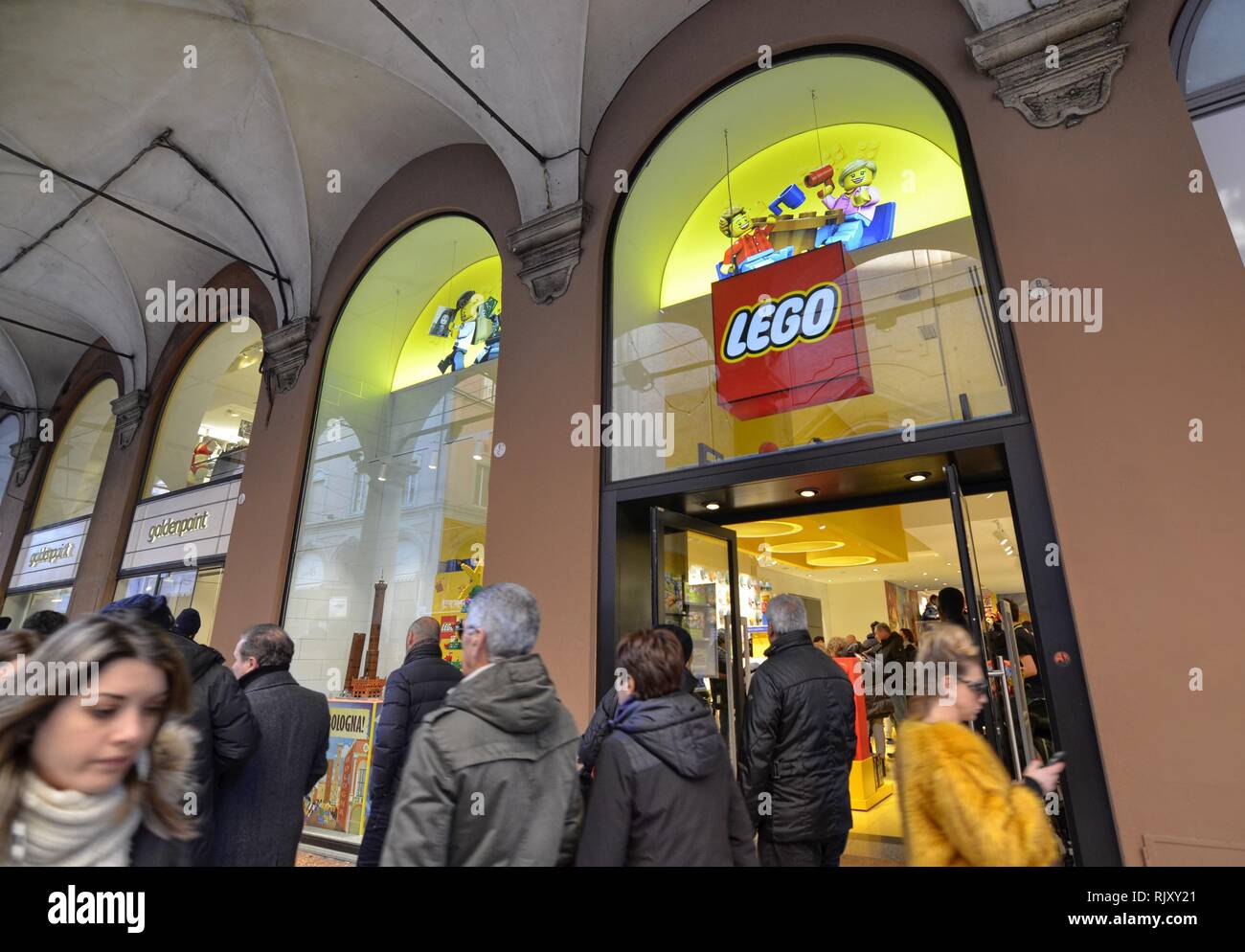Bologna, Italy, December 2018. The Lego store in the historic center ...