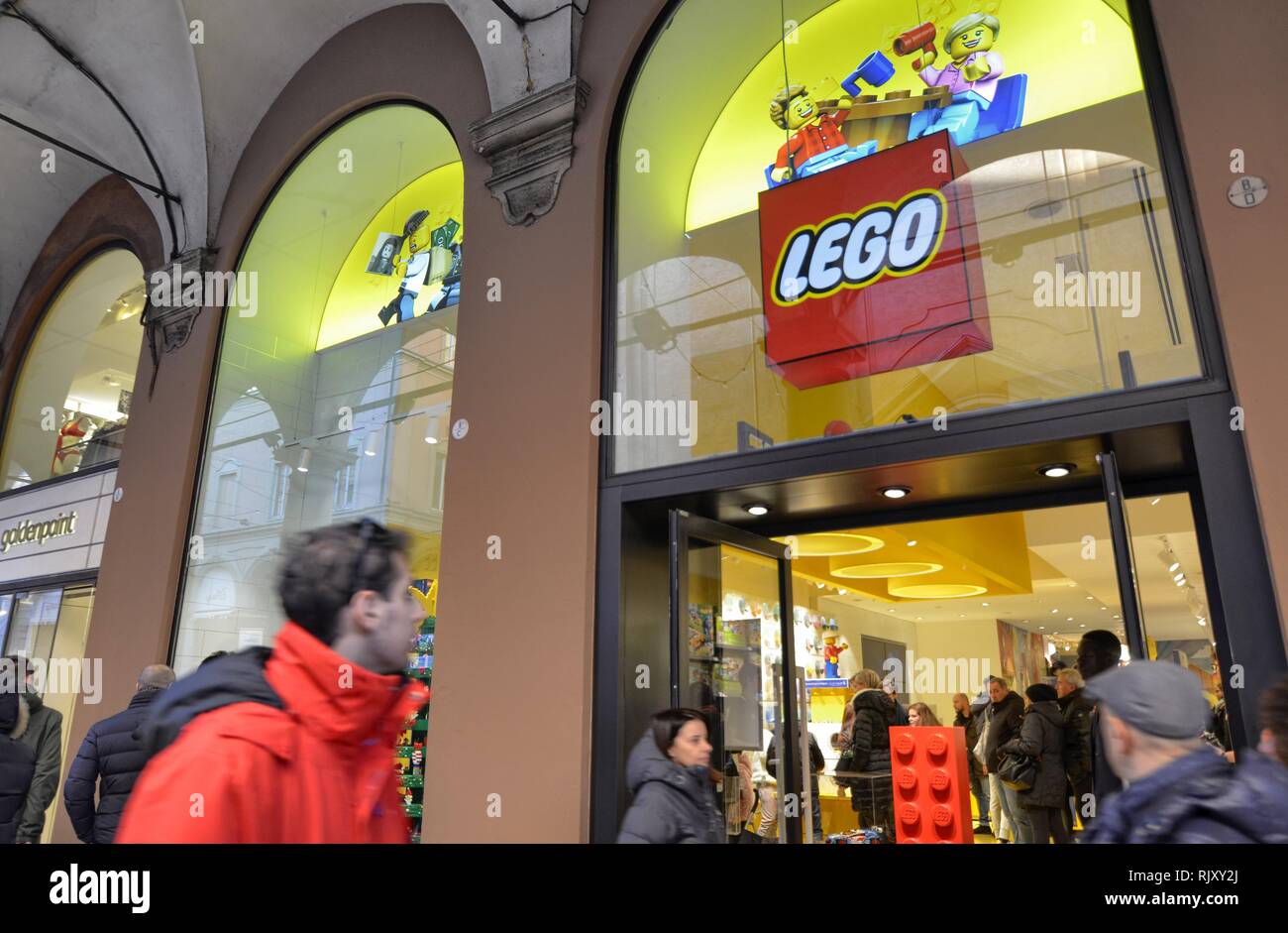 Bologna, Italy, December 2018. The Lego store in the historic center ...