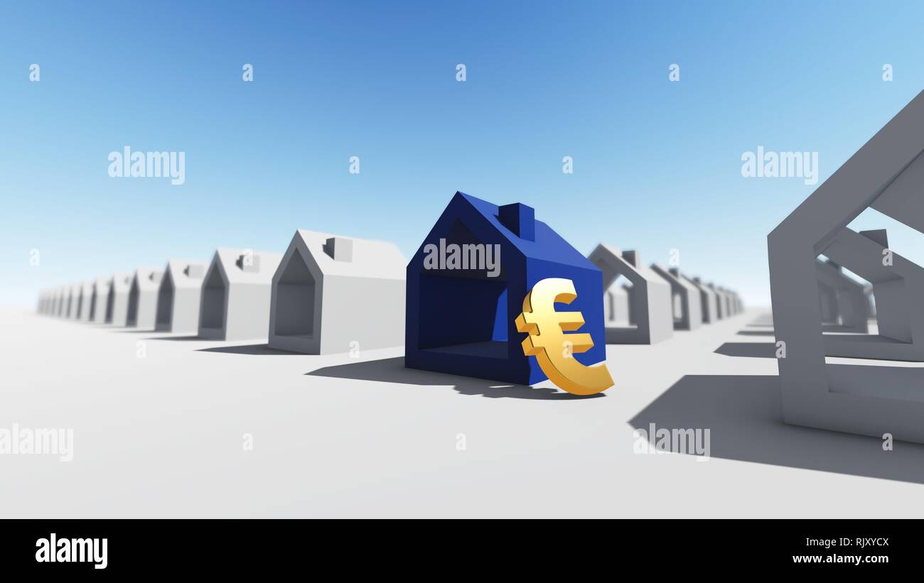 Blue house with euro currency, 3D rendering Stock Photo - Alamy