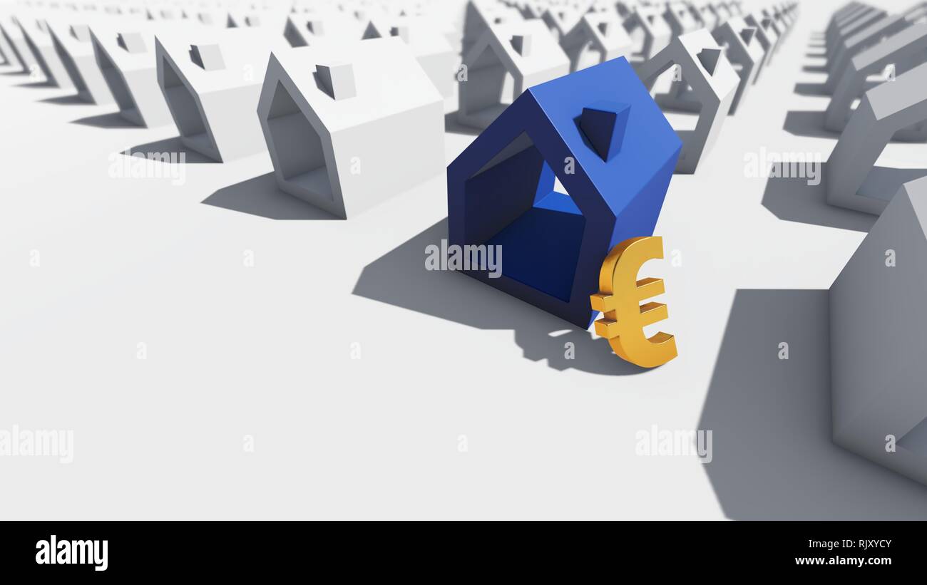 Blue house with euro currency, 3D rendering Stock Photo - Alamy