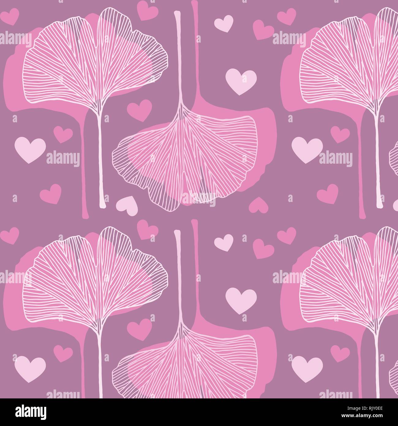 Ginkgo leaves and hearts pattern in pink colors palette. Valentine ...