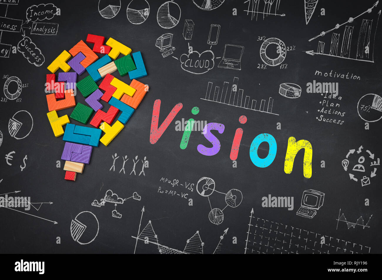 Business vision concept - sketch with schemes and graphs on chalkboard ...