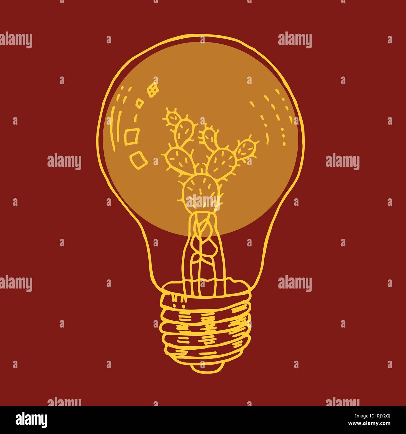 Hand drawn Ecological light bulb cactus vector in a red, yellow and ...