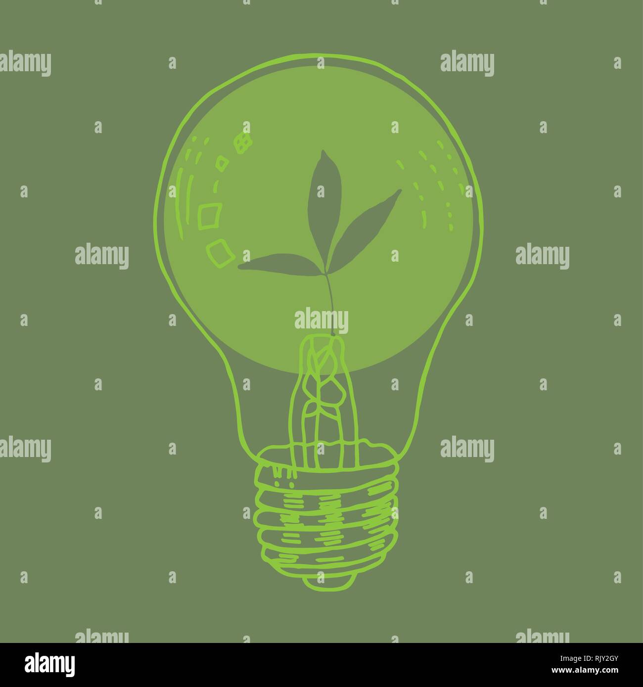 Hand drawn Ecological light bulb leaf vector in green colors palette ...