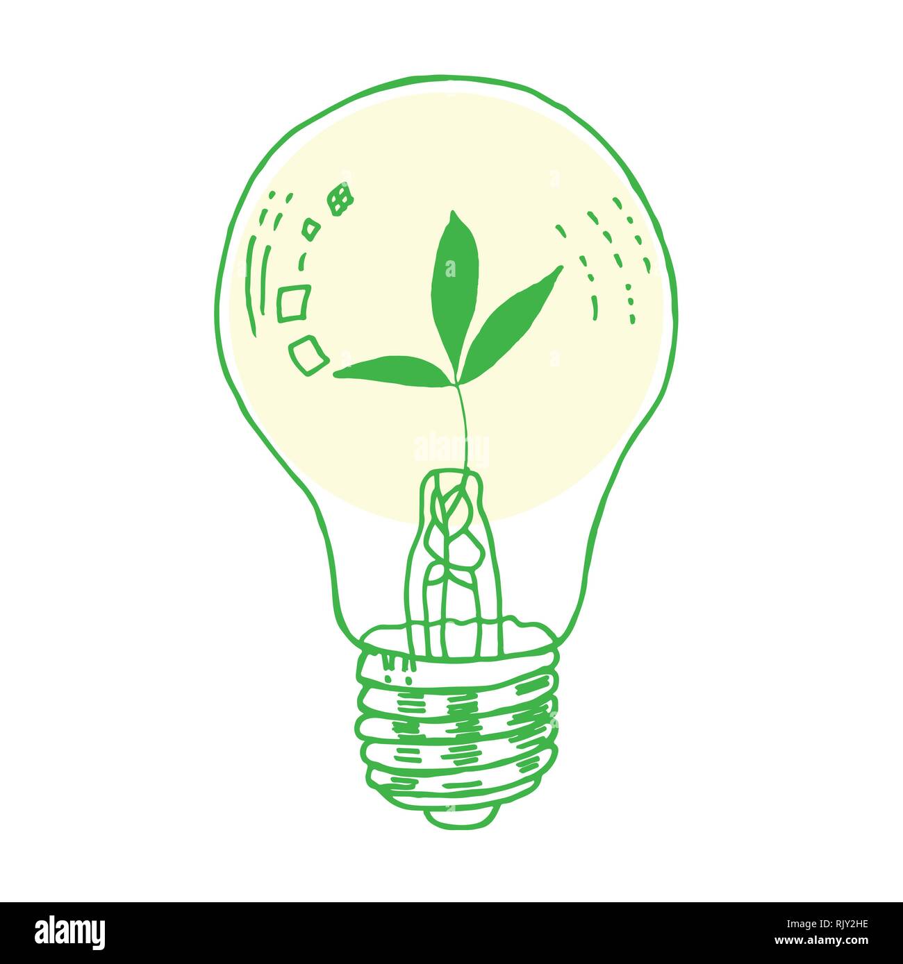 Hand drawn Ecological light bulb leaf vector in green colors palette ...