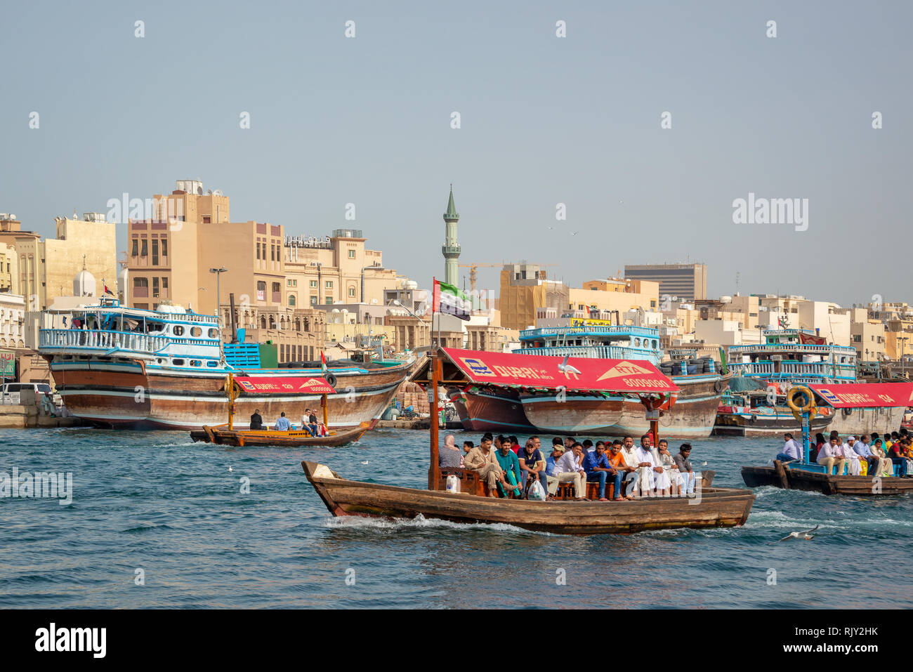 Traditional wooden boats in Dubai creek, United Arab Emirates Stock ...