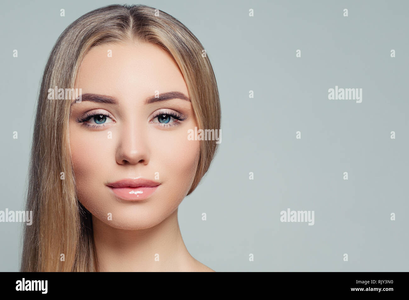 Beautiful Woman Face Closeup Perfect Blonde Girl With Long Healthy