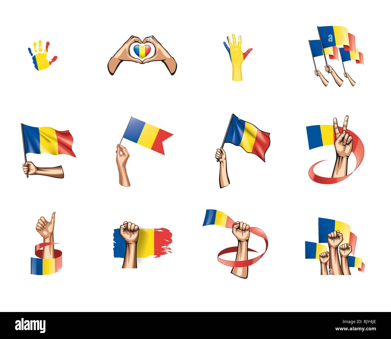 Romania flag and hand on white background. Vector illustration Stock ...