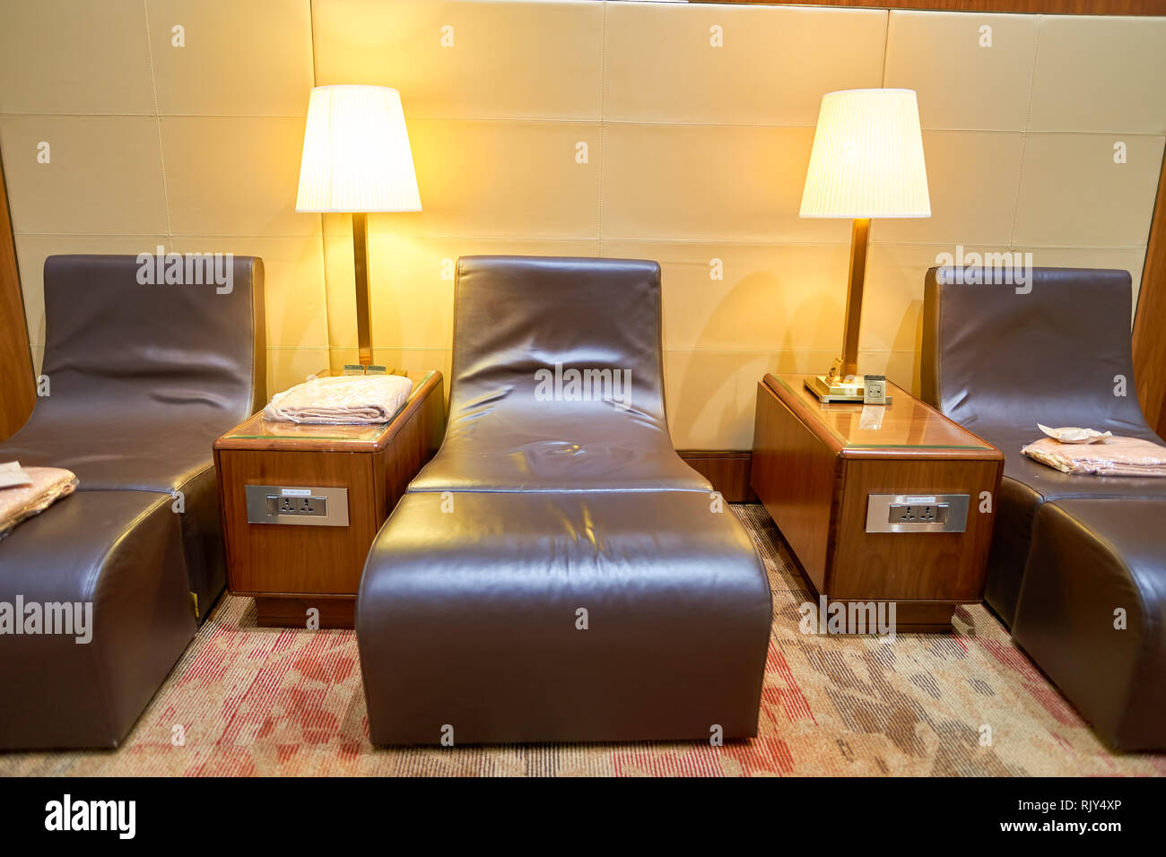 DUBAI, UAE - CIRCA APRIL, 2016: interior of Emirates business class ...
