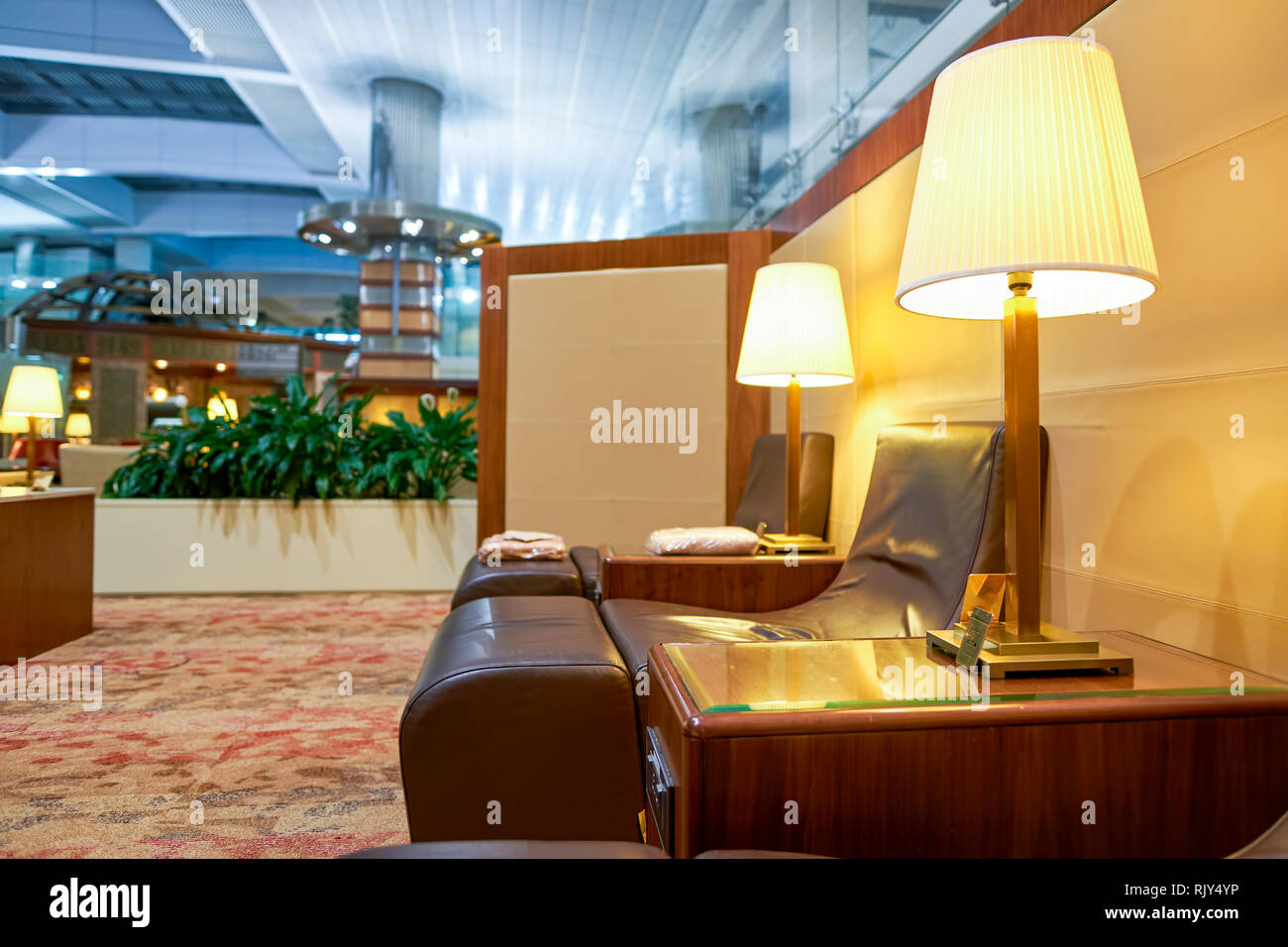DUBAI, UAE - CIRCA APRIL, 2016: interior of Emirates business class ...