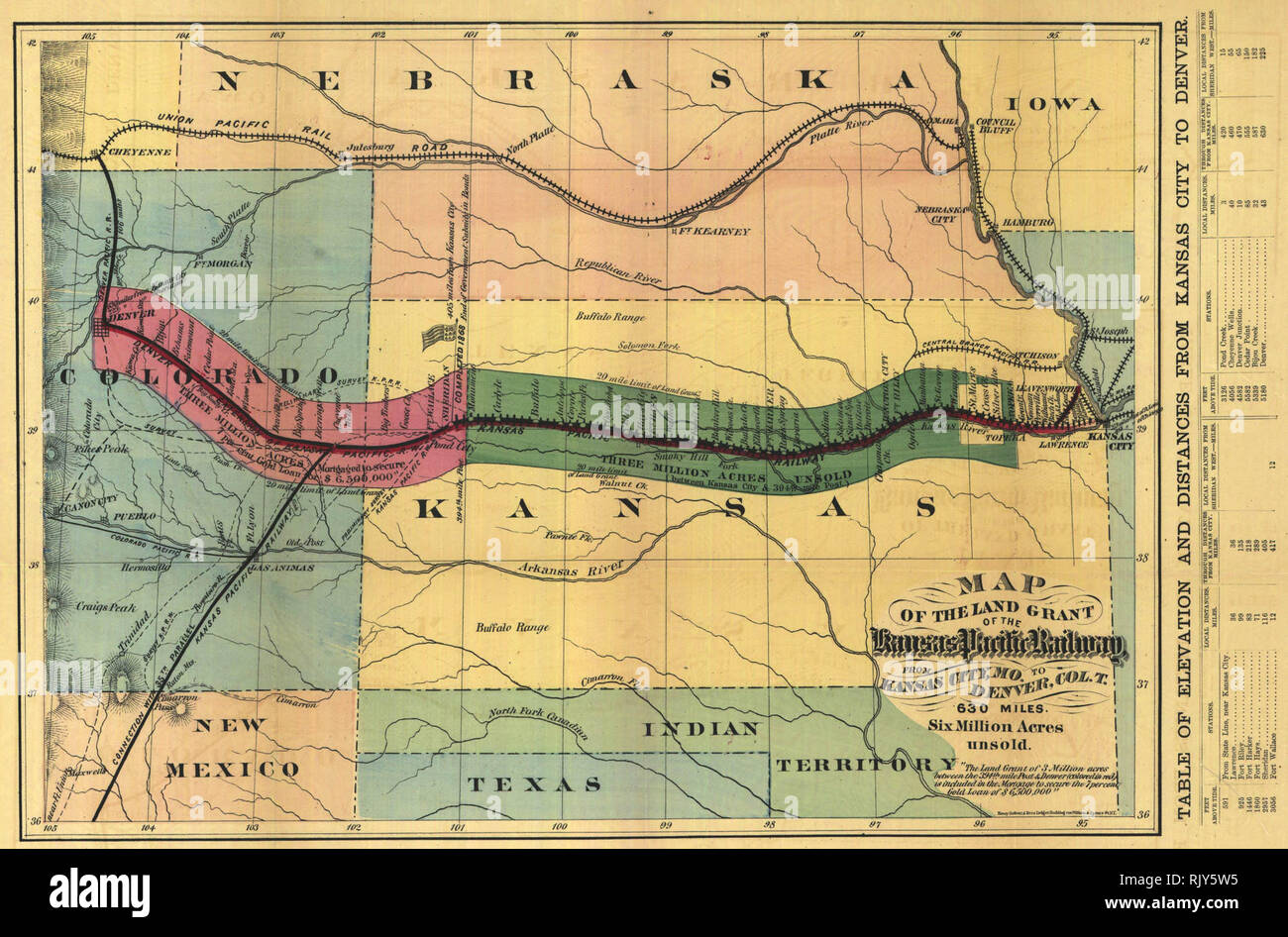 The Kansas Pacific main line shown on an 1869 map Stock Photo - Alamy