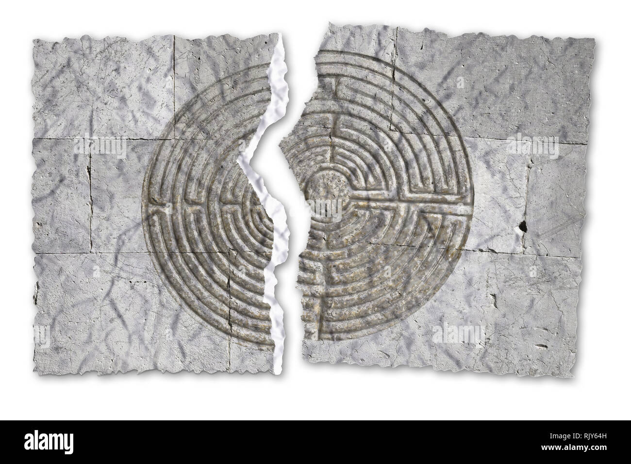 Ripped photo of a labyrinth carved on stone wall of a romanesque church ...